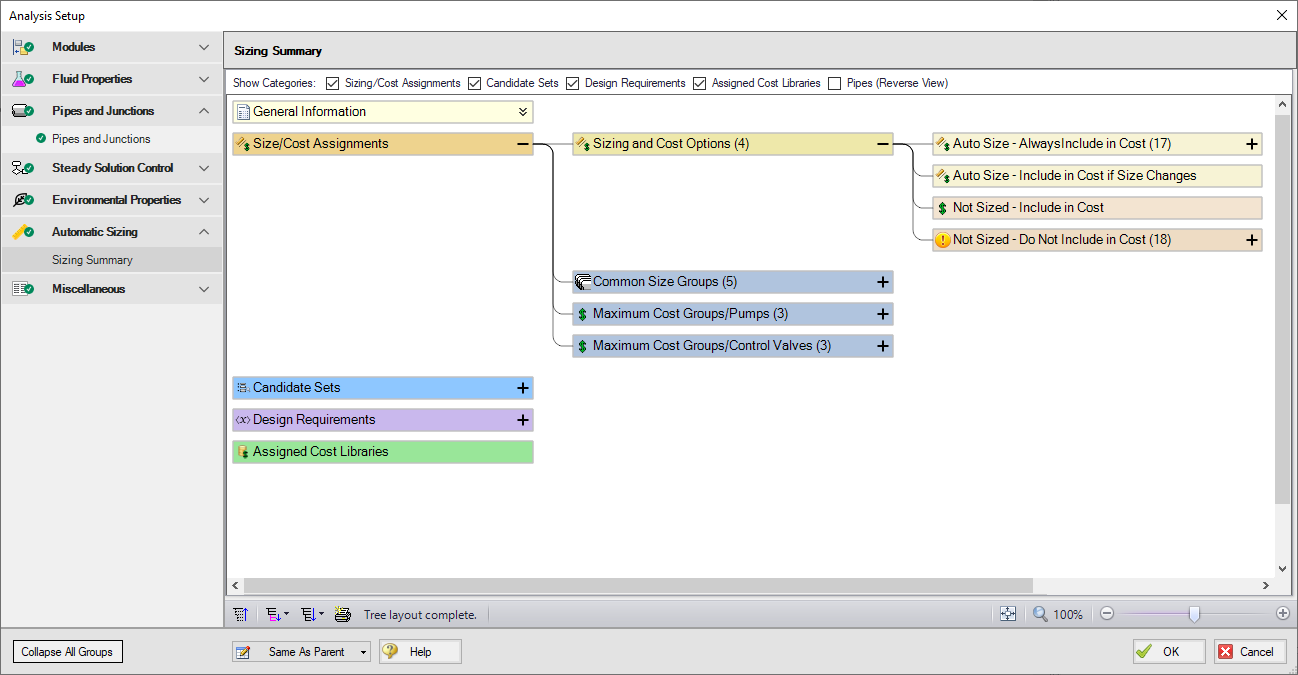 Sizing Summary Panel