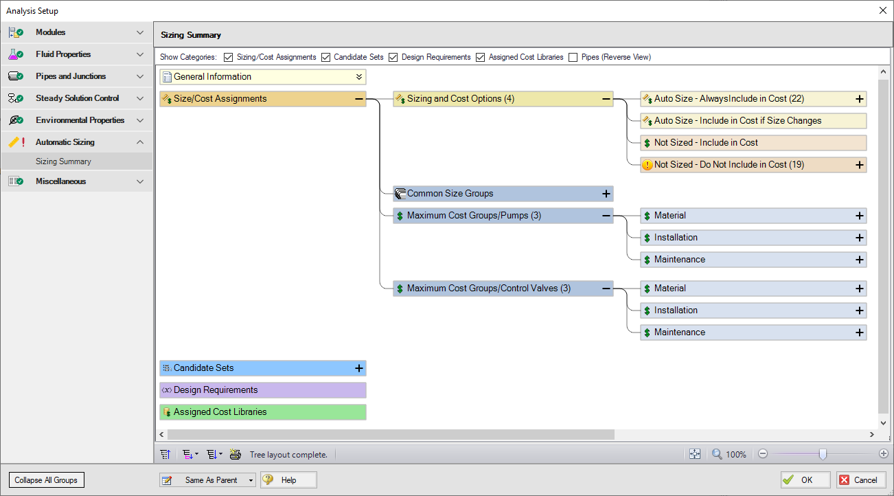 Sizing Summary Panel