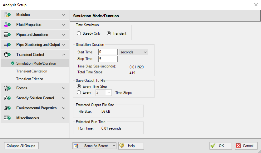 Simulation Mode/Duration Panel