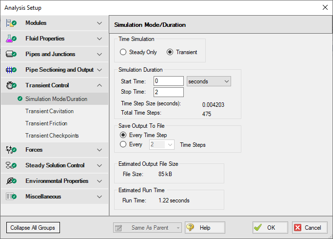 Simulation Mode/Duration Panel