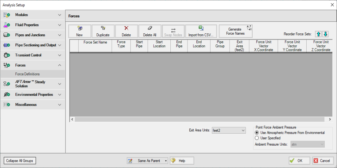 Force Definitions Panel